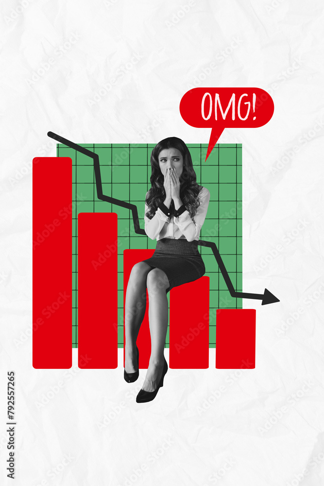 Vertical photo collage of scared girl panic chart arrow down crisis ...