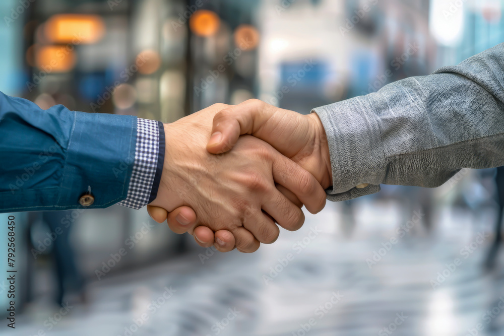 Two men shake hands in a business setting. The handshake is a symbol of ...