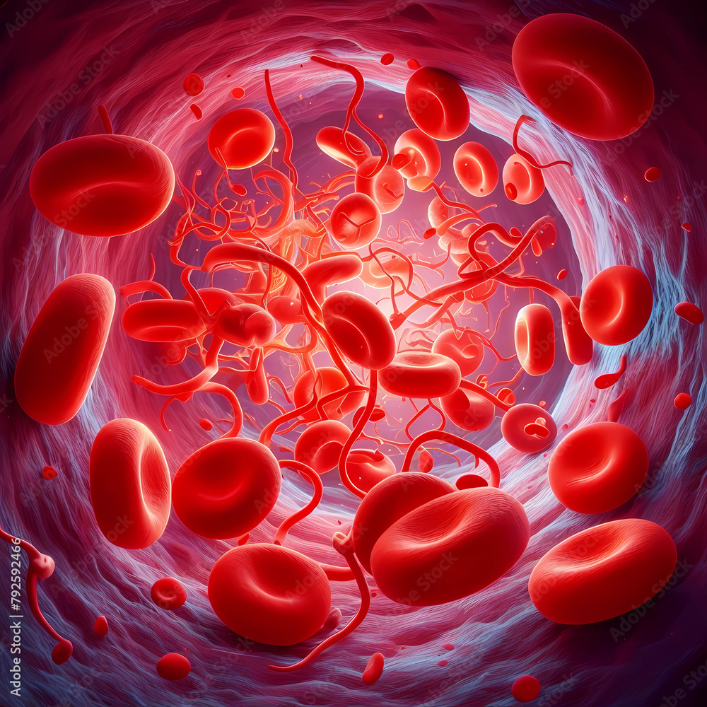 3D cross-sectional anatomy illustration of red blood cells floating in ...