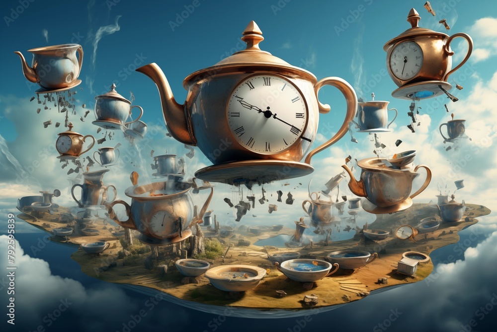 scene from Alice in Wonderland with flying teapots and cups. Tea ...