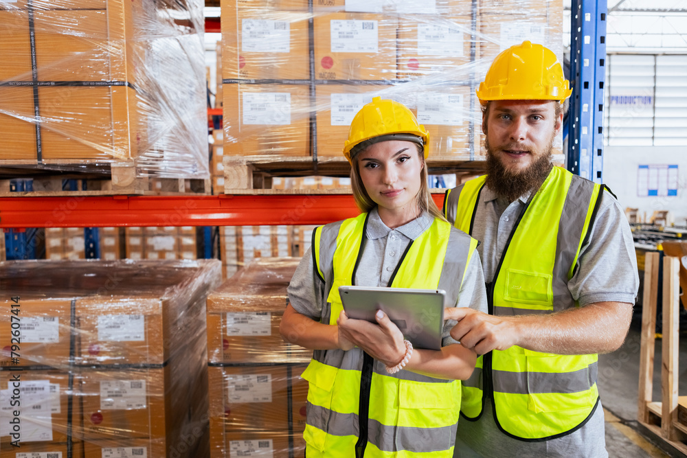 Male and Female professional worker wearing safety uniform using tablet ...