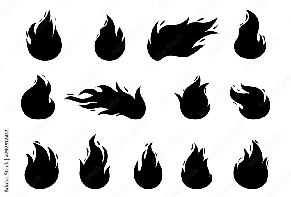 Vector bright burn flame black shape icon set isolated on white ...