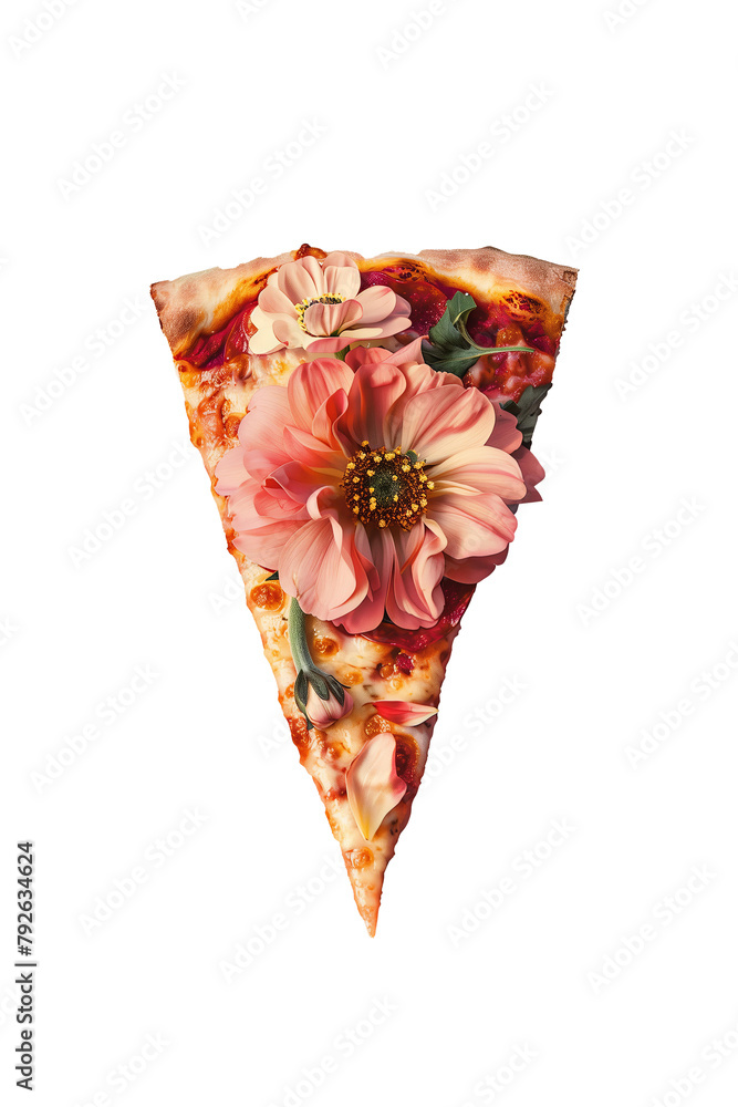 slice of pizza decorated with flowers, pizzeria, creative advertising ...