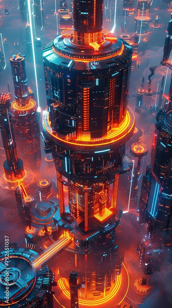 Futuristic nuclear reactor core glowing with intense neon lights ...