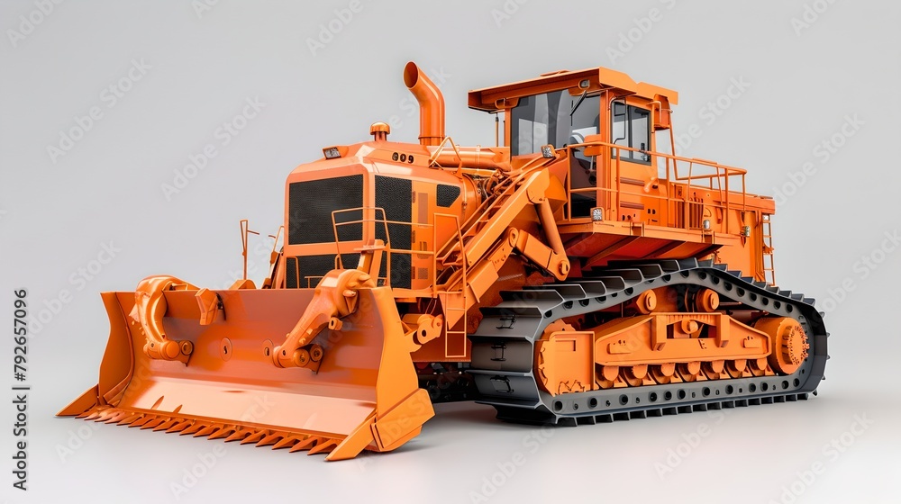 Detailed miniature model of an orange bulldozer on a light background ...