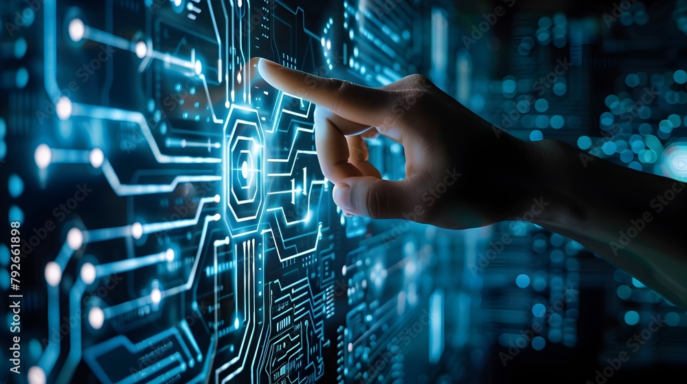 Hand touching digital screen with icons of bank, social media and ...