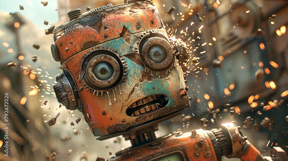 The retro robot, its eyes wide with surprise, sparks shooting from a ...