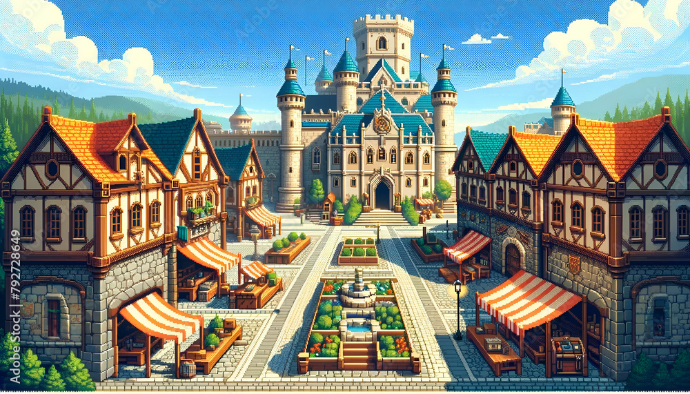 Pixel Art of a Bustling Castle Town Square, An elaborate pixel art ...
