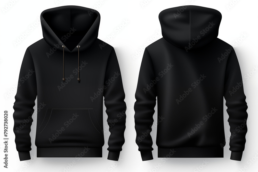 Plain black hoodie mockup Set of Black front and back view long sleaves ...