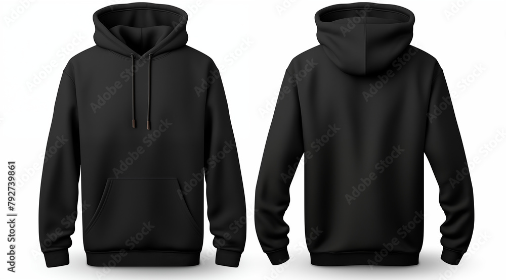 Plain black hoodie mockup Set of Black front and back view long sleaves ...