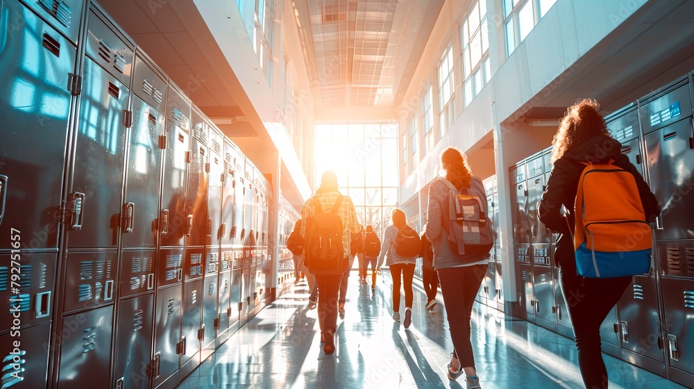Shot in motion of a group of students or high school students walking ...