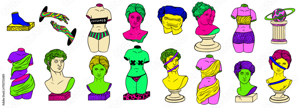 Set of greek ancient statues surreal elements. Trippy psychedelic ...
