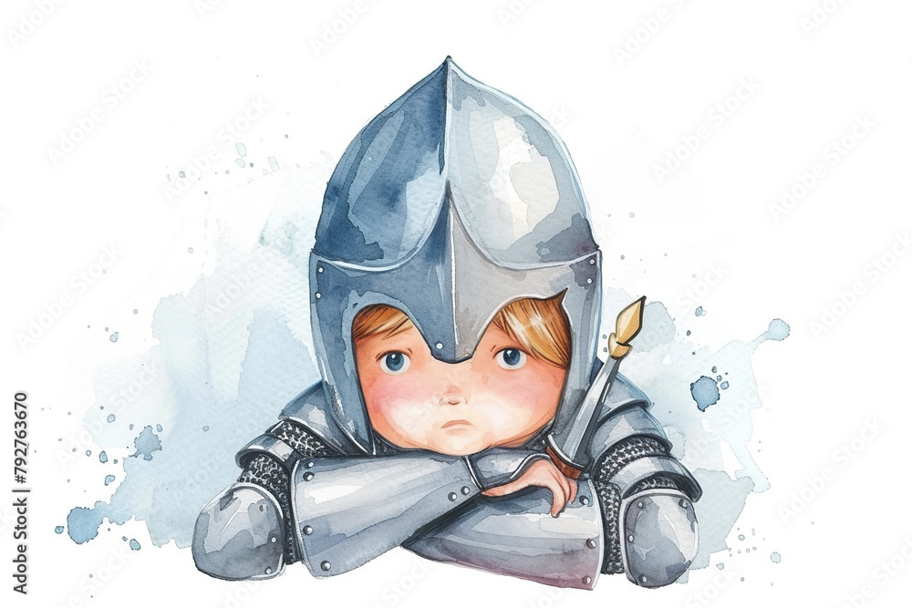Watercolor cute sad knight boy. Little warrior isolated on white. Kid ...