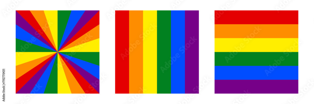 A set of bright rainbow patterns on three separate panels. The panels ...