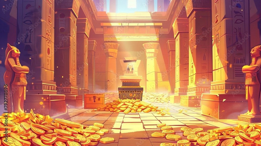 The interior of an ancient Egyptian temple with a sarcophagus and piles ...