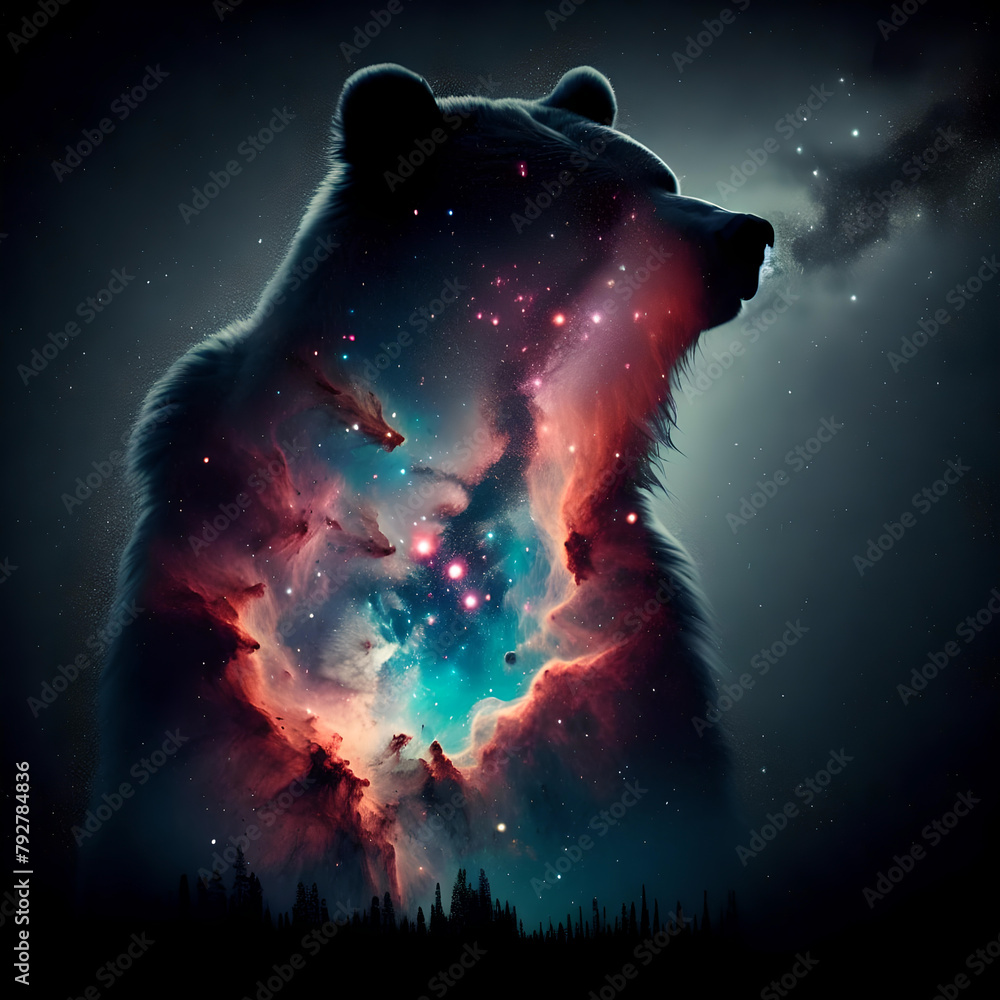 Bear silhouette over colourful nebulas and starry night sky. Concept of ...