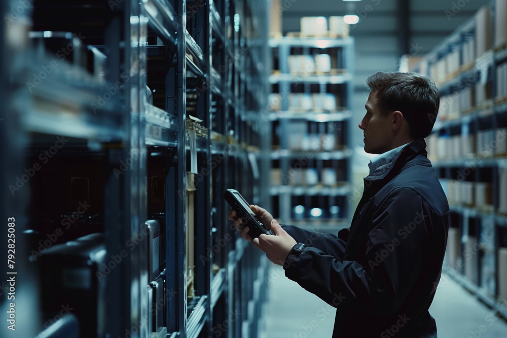 sleek snapshot showcasing a warehouse manager or worker utilizing a ...