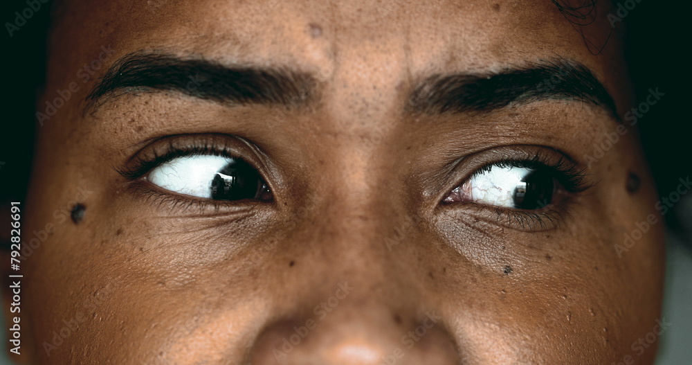 One Horrified Young Black Woman in Macro Close-Up, Eyes Wide Open in ...