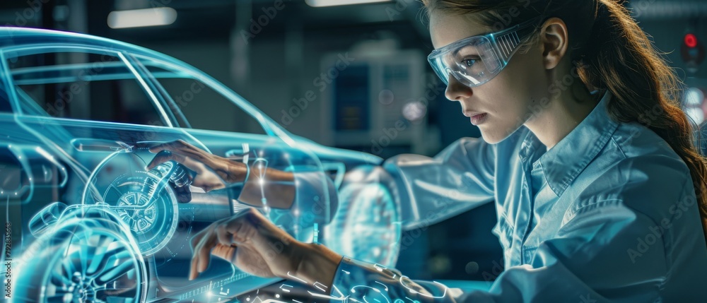 Using digital tablets with Augmented Reality, female automotive ...