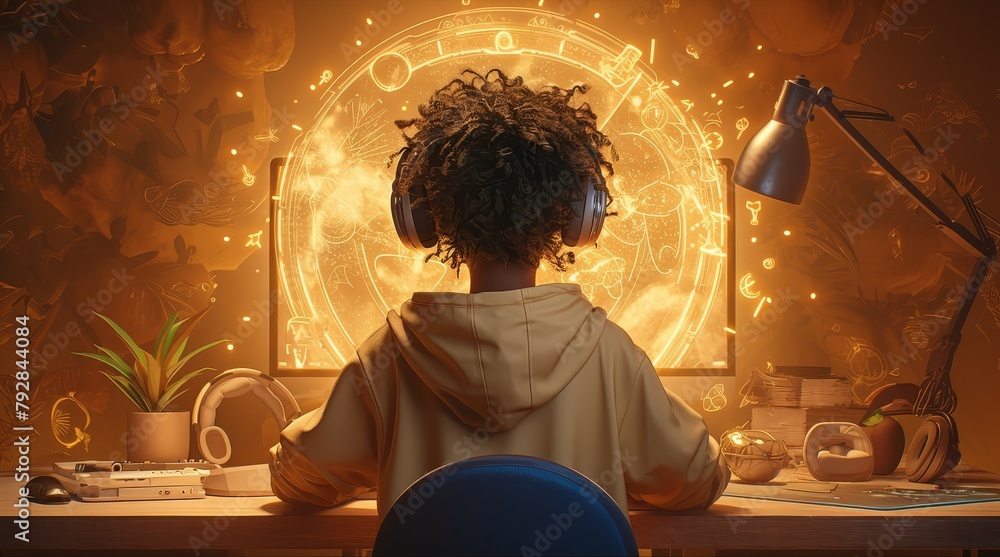 A little boy sitting in front of the computer, facing away from him ...