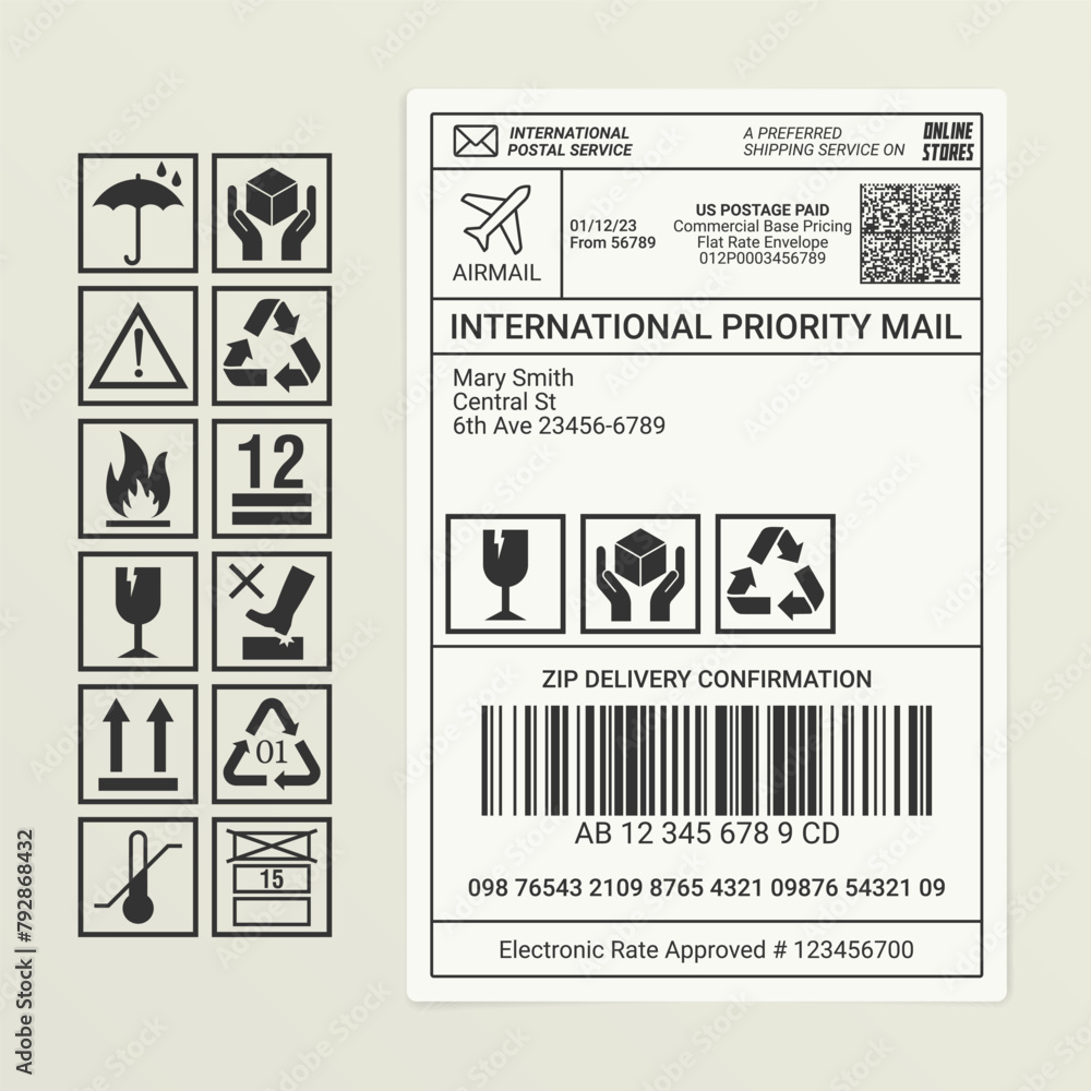 Postal label. Vector sticker, filled with template data for logistic ...