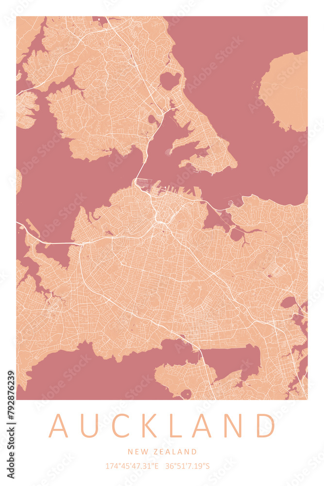 Vector poster map city Auckland. Detailed city map, 2024 new, map ...