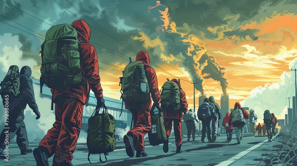 Emergency Evacuation, Illustrate people fleeing a disaster zone due to ...