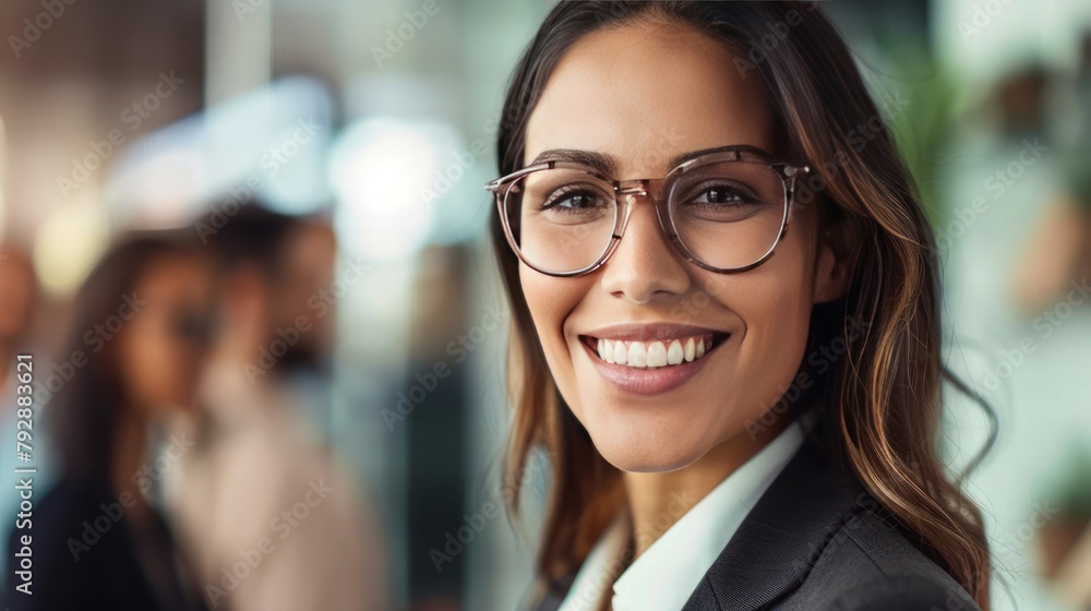 Portrait happy smiling businesswoman in glasses on meeting room office ...