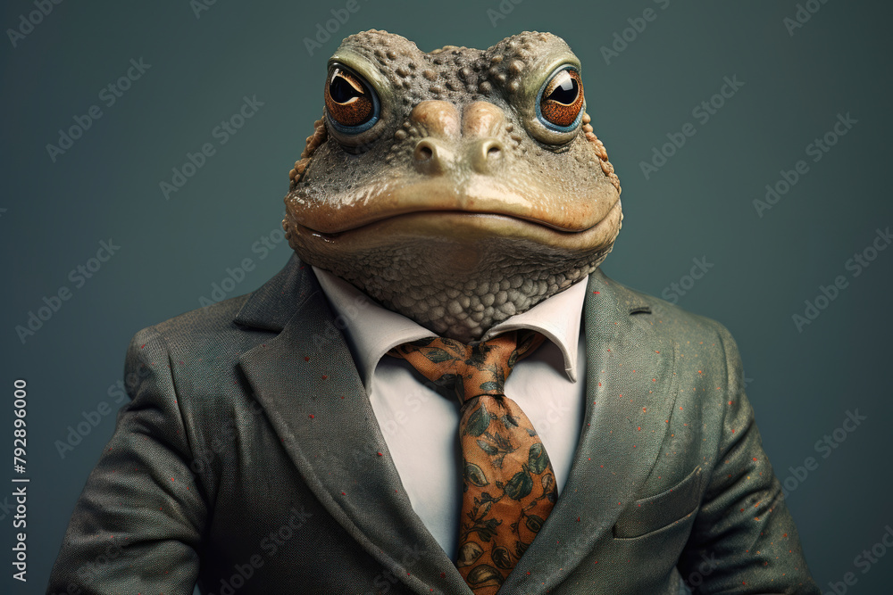 Dapper toad in a tailored suit and patterned tie, offering a whimsical ...