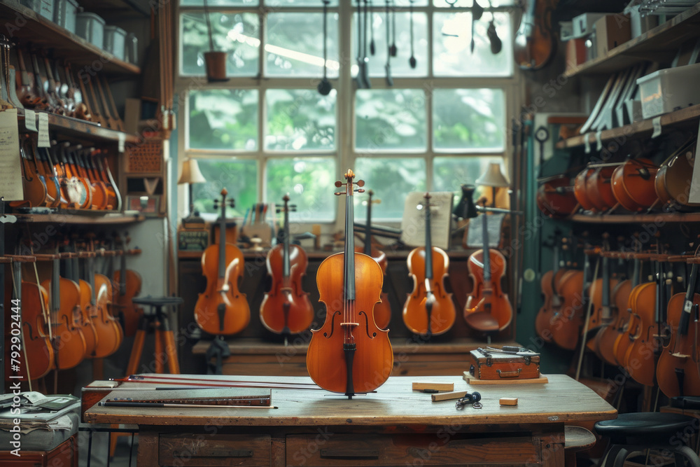 A photograph of a teacher repairing old instruments in the music room ...