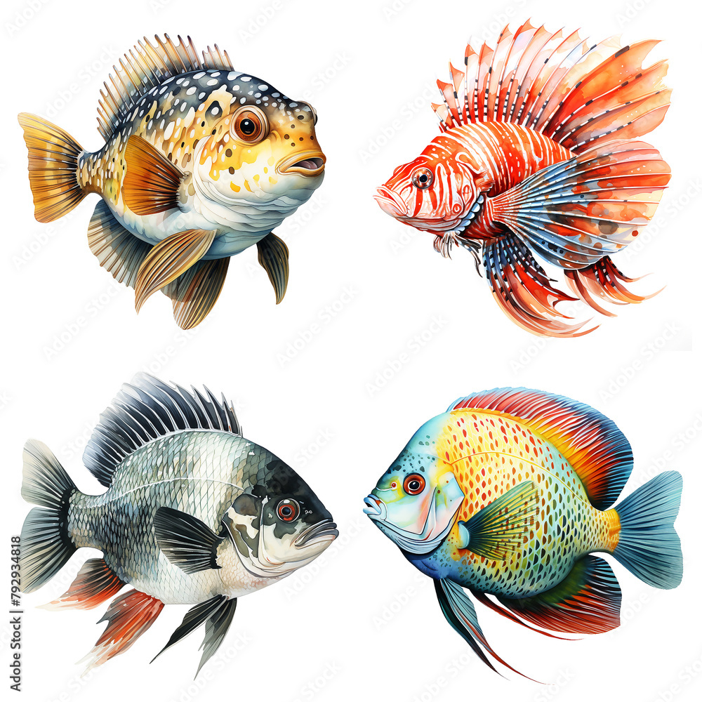 watercolor tropical fish clipart set lionfish butterflyfish pufferfish ...