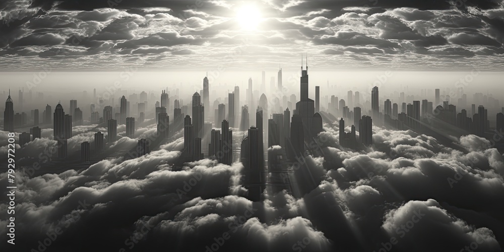 The view of the sky is punctuated by the silhouettes of city towers ...