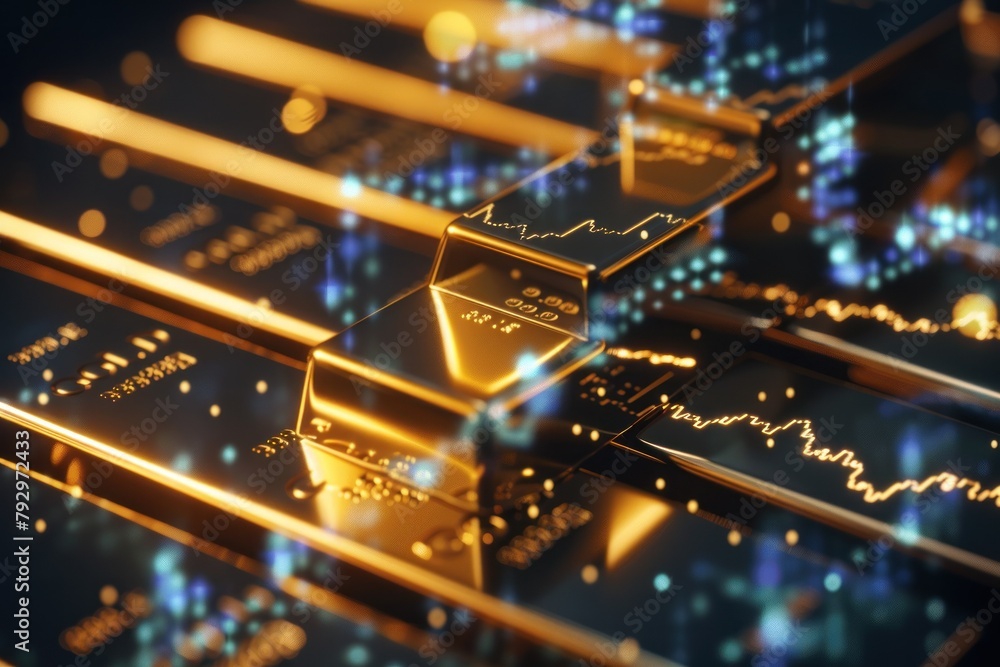 Circuit board with a futuristic golden aesthetic, prominently featuring ...