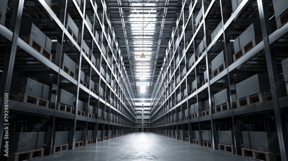 Linear arrangement of steel pallet racks in a warehouse, each shelf ...