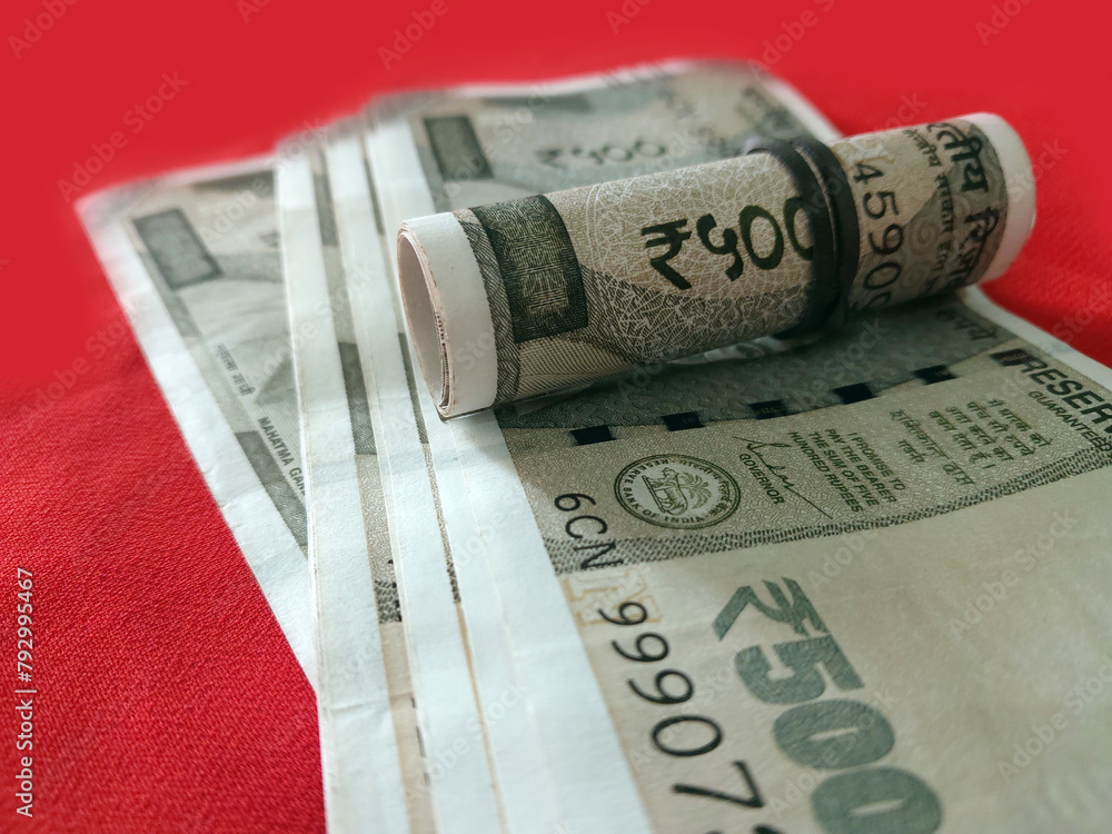 New 500 Rupees Indian Currency banknote photography on red background ...