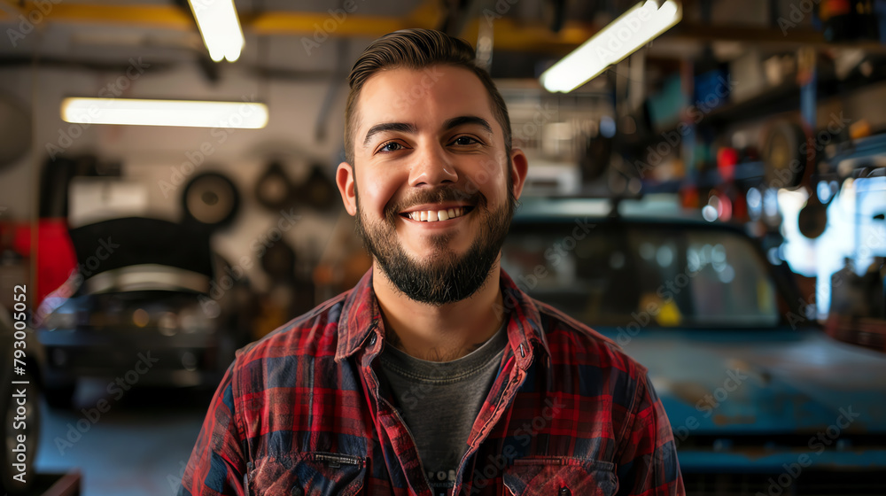 Auto mechanic smiling at the camera, with a background of a well ...