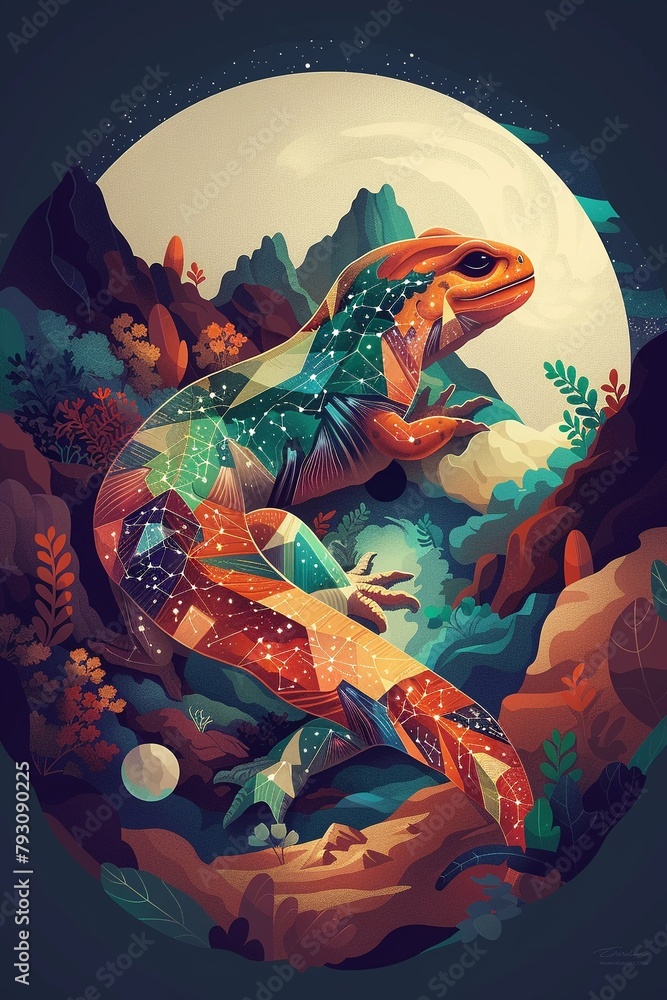 An ethereal salamander with its musculature exposed as constellations ...