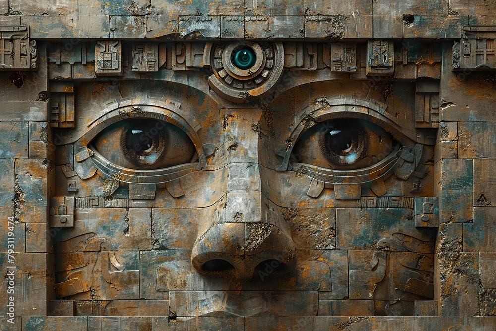 Intricate Metallic Hieroglyphics Depicting Robotic Deities and ...