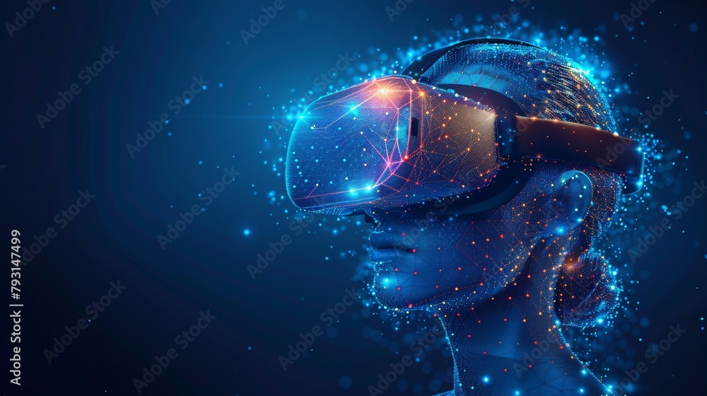 Virtual reality helmet with low polygonal triangles connected to ...