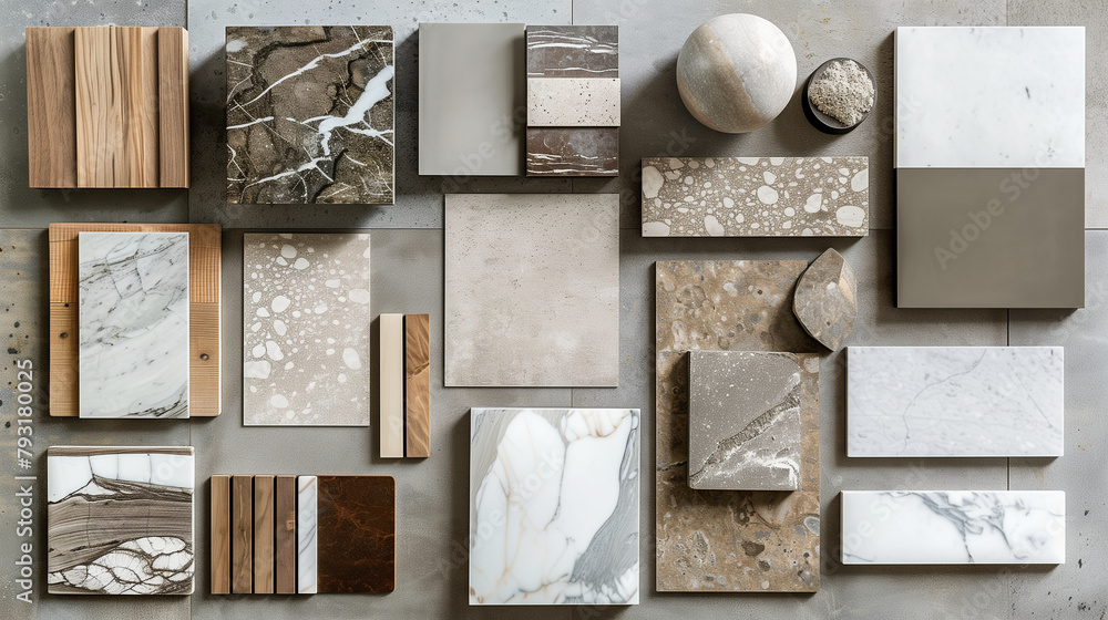interior design sample or mood board with luxury materials like marble ...