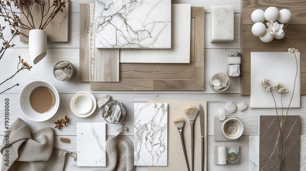interior design sample or mood board with luxury materials like marble ...