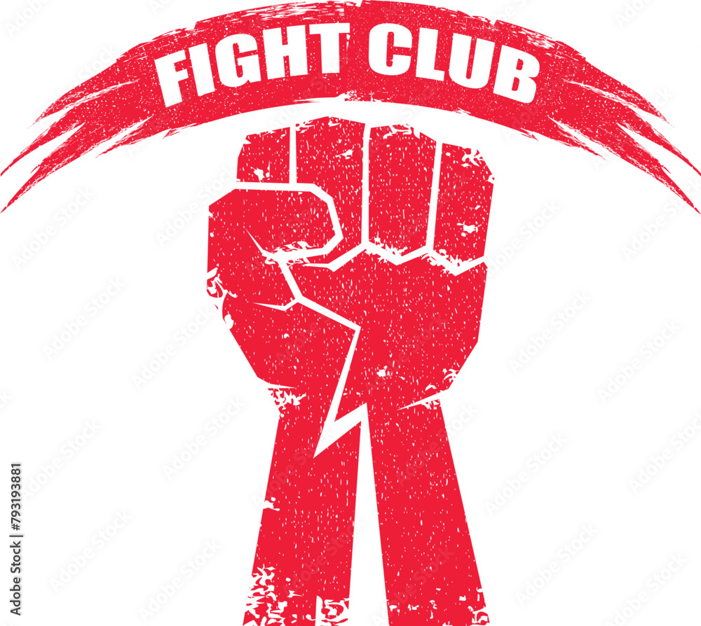 fight club vector red logo or label with grunge red man fist isolated ...
