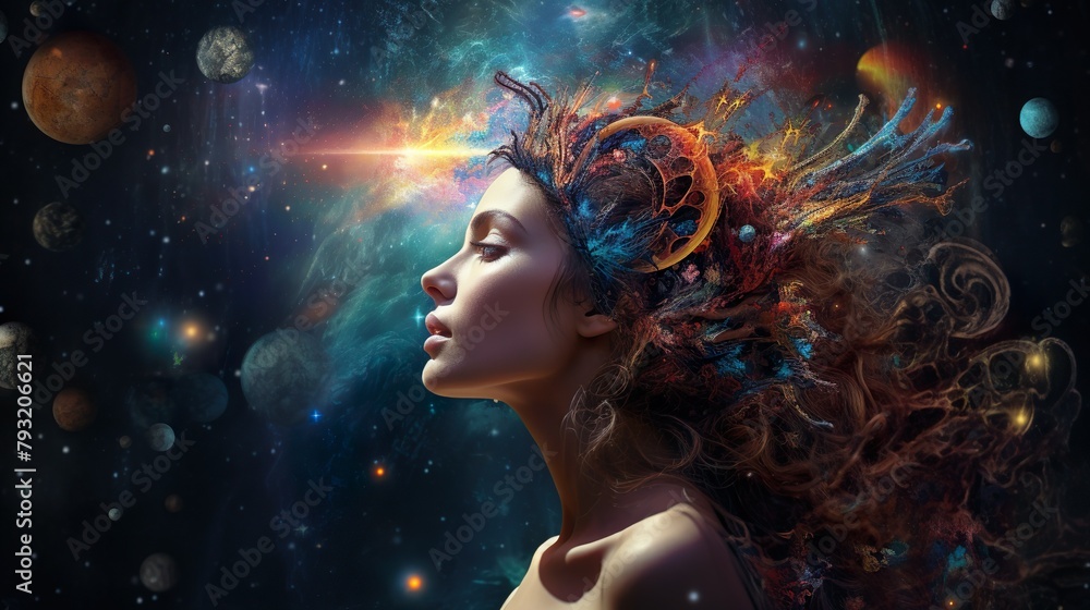 A surreal representation of a woman with space elements like stars ...