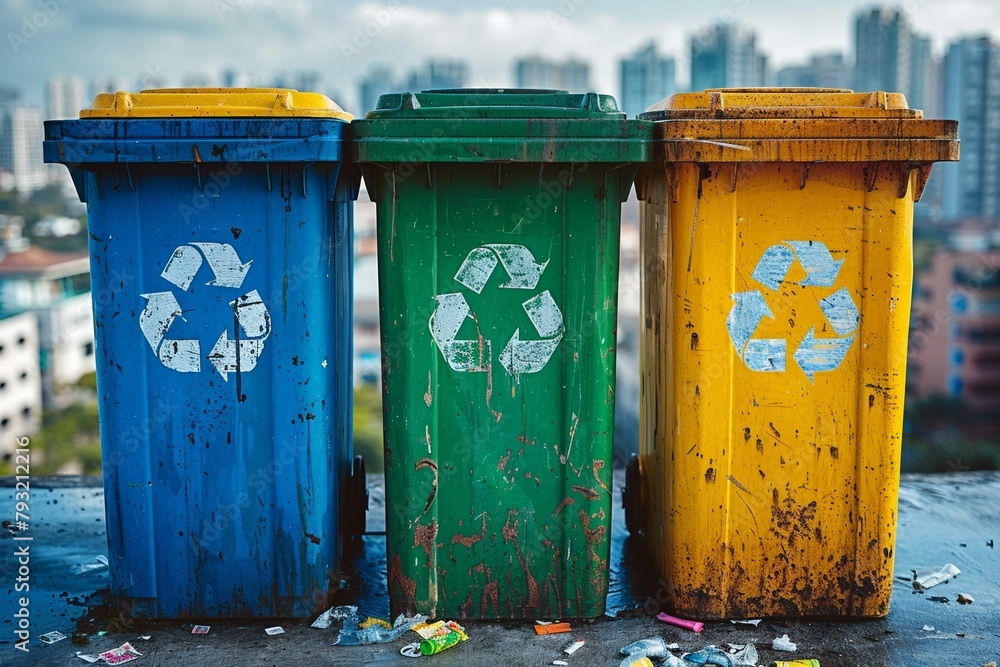 Ecological trash cans symbolize environmental protection and waste ...