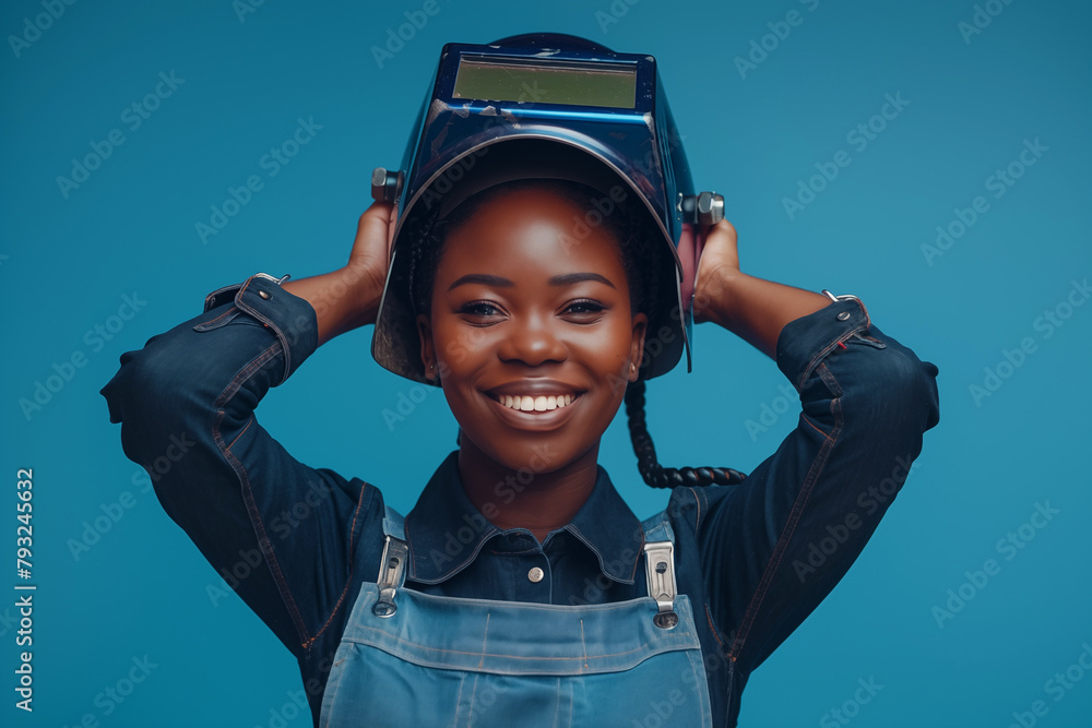 Portrait of smiling black female welder posing and smiling confidently ...