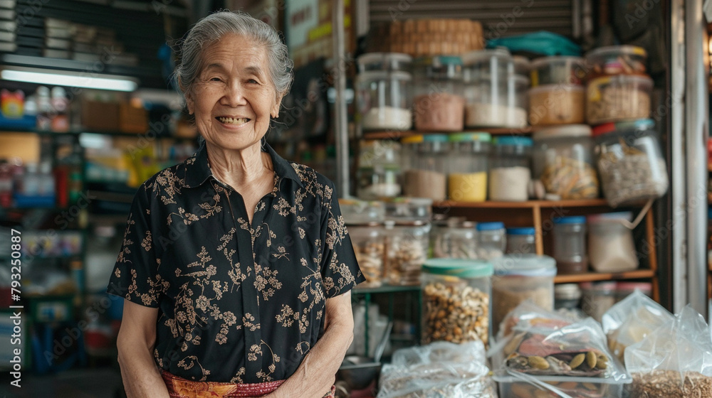 Smiling Old asian woman Eco-friendly containers for storing green ...
