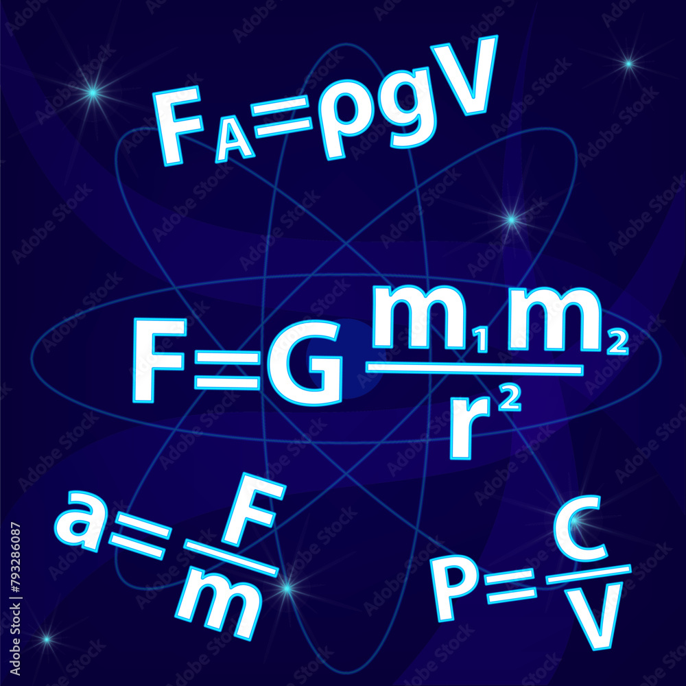 Physics background with formulas on dark blue. School education ...