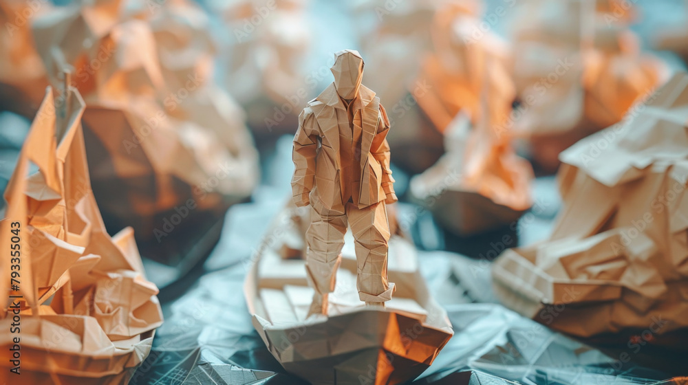 Origami captain standing on a paper boat among a fleet of origami ships ...