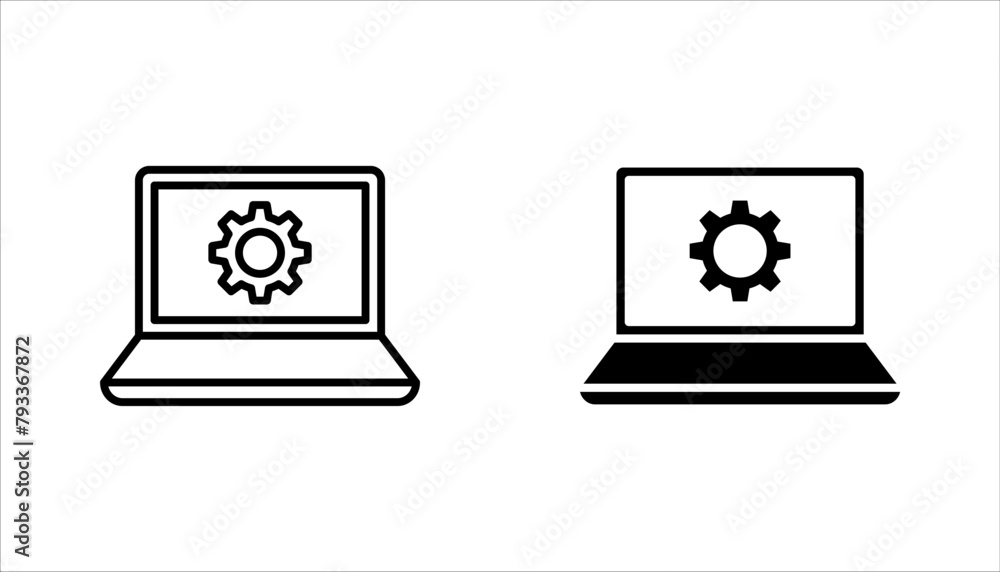 Technical support icon set. Computer service. Gears on screen laptop. vector illustration on ...
