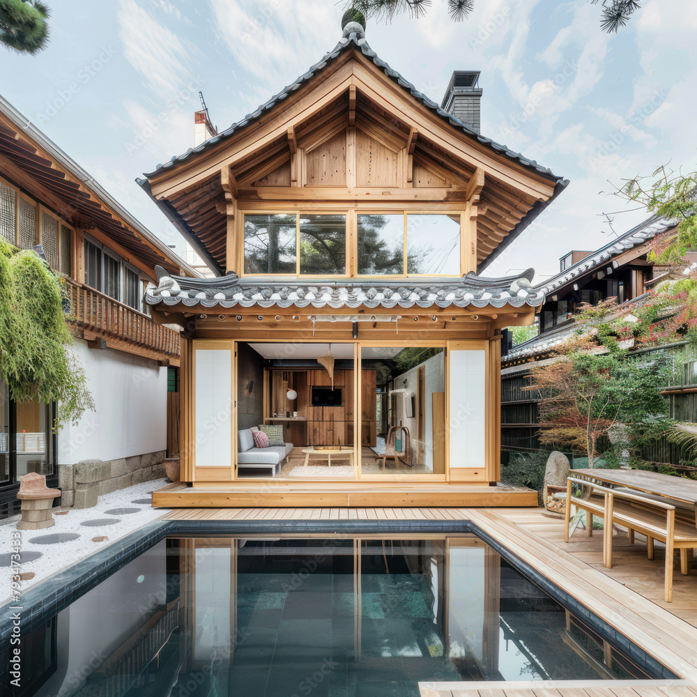 Tiny two floor timber frame house with single front doors and terrace ...